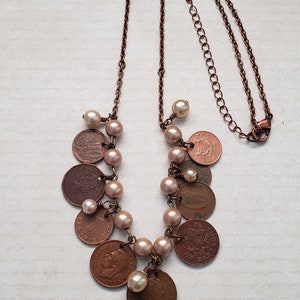 Copper Coin Necklace, Copper Coin Jewelry, Coin and Pearl Necklace ...