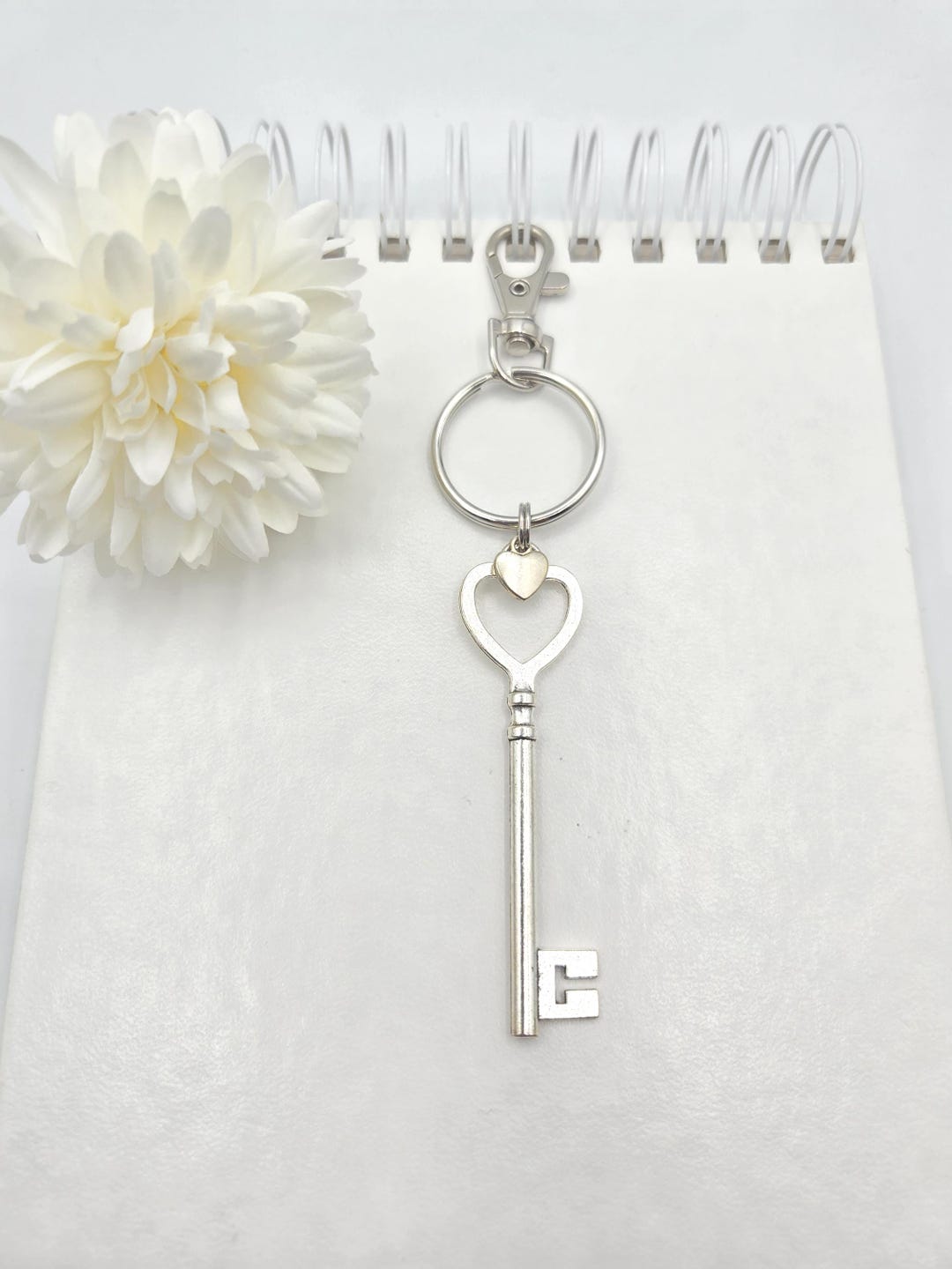 Vintage-style Skeleton Key Keychain, Two Heart Keychain, Silver Heart ...