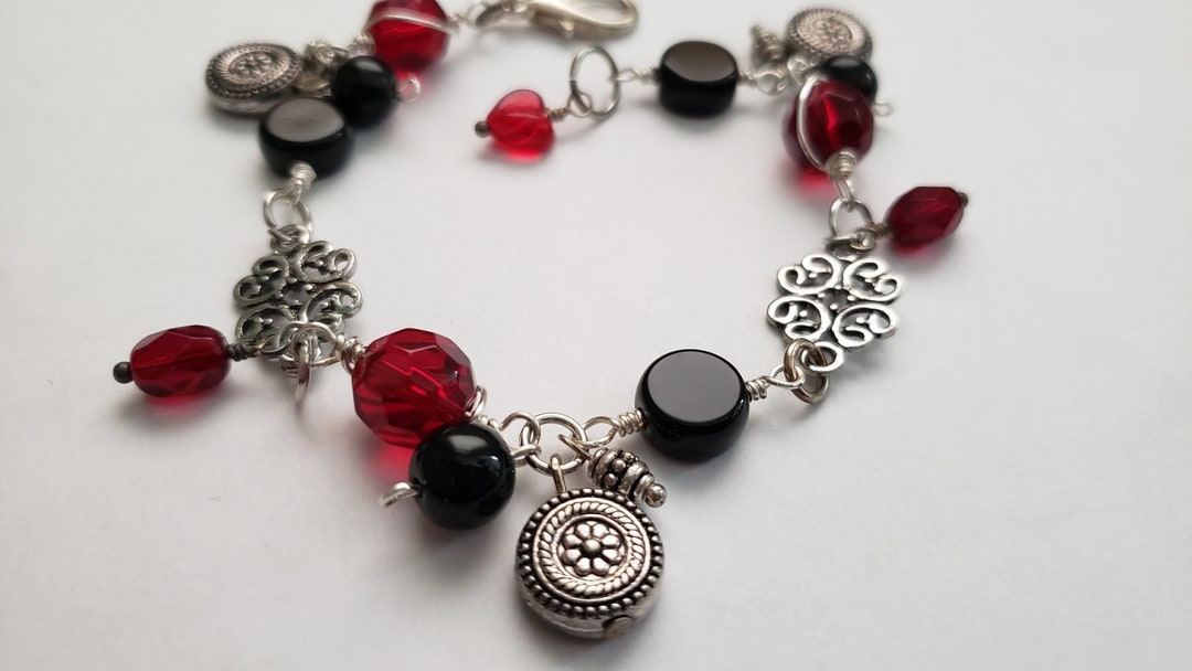 Red and Black Bracelet, Beaded Bracelet, Repurposed Jewelry, Birthday ...