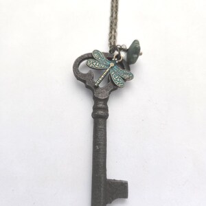 Dragonfly Necklace, Skeleton Key Charm, Turquoise and Gold Necklace ...