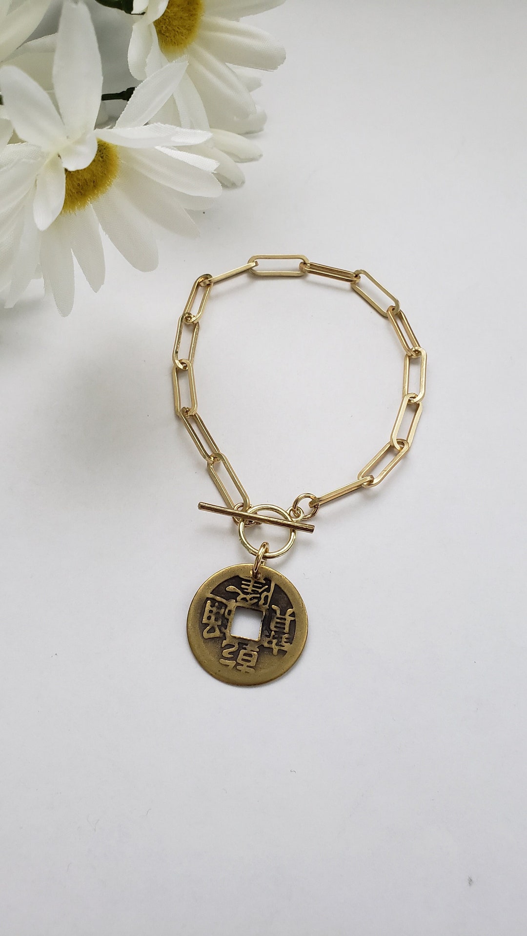 Chinese Coin Bracelet, Good Luck Coin, Paperclip Chain Bracelet, Toggle ...
