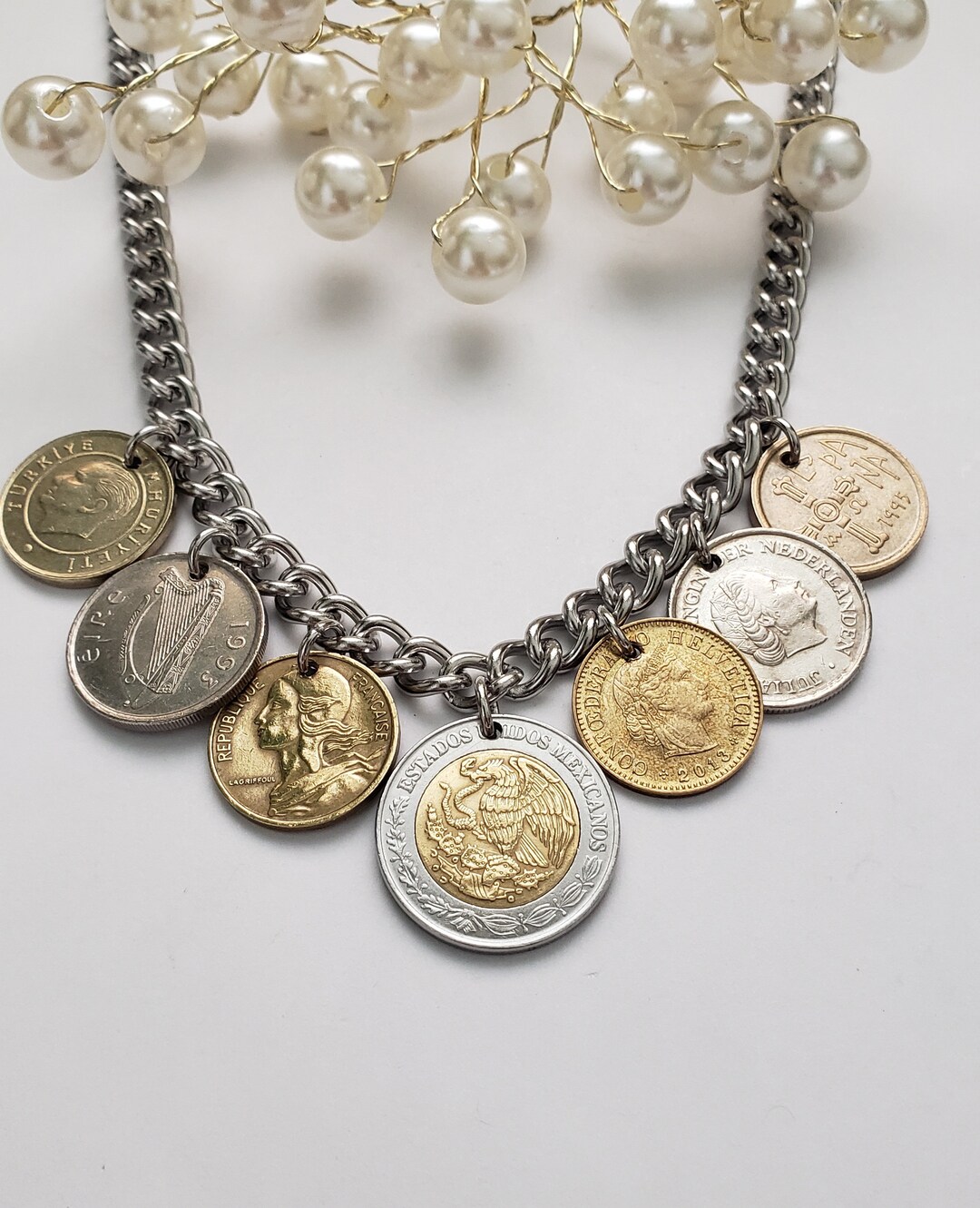 Coin Necklace, Gold and Silver Necklace, Coin Charm Necklace ...