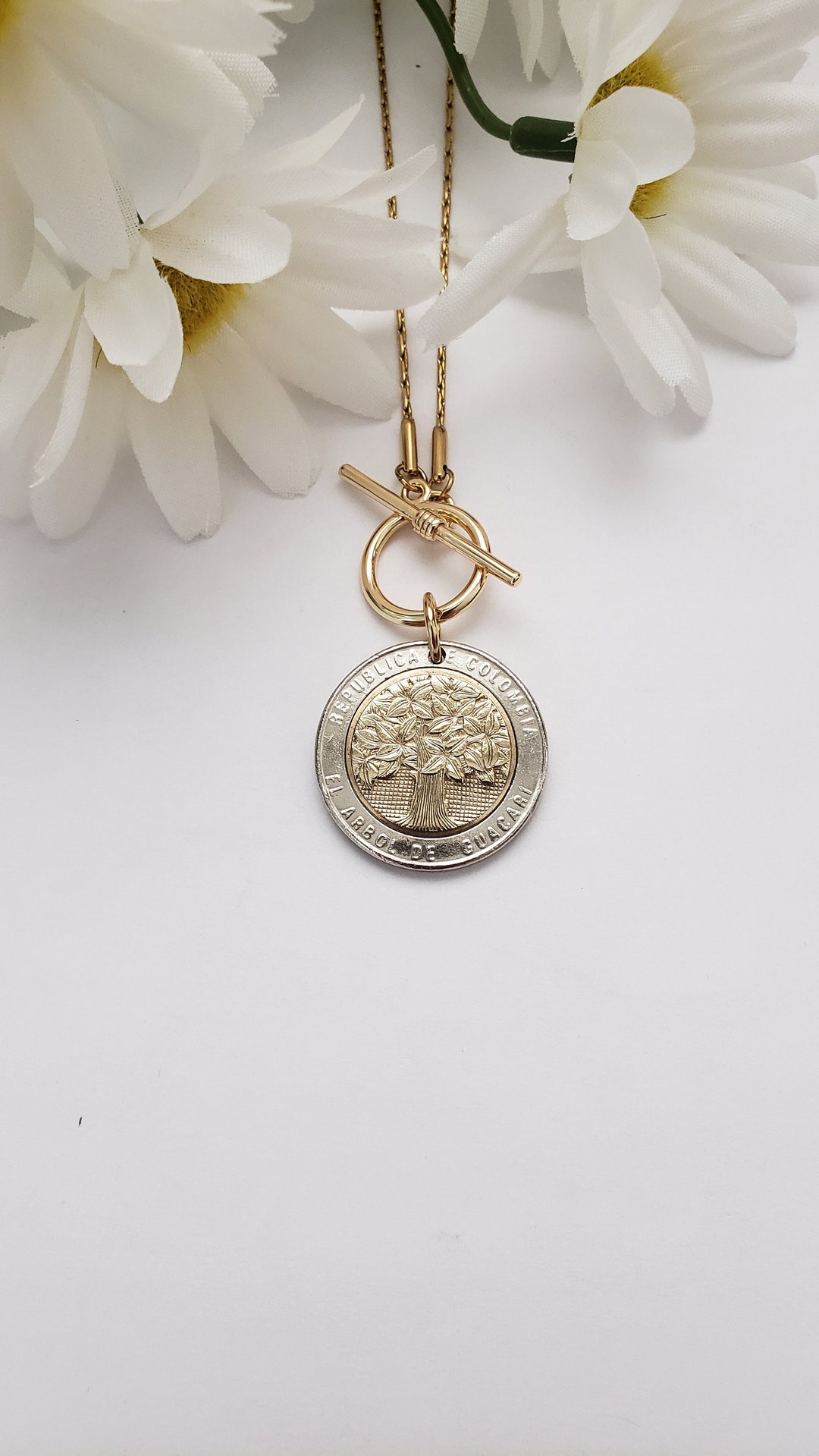 Colombian Coin Necklace, Bimetallic Coin Necklace, Silver and Gold ...