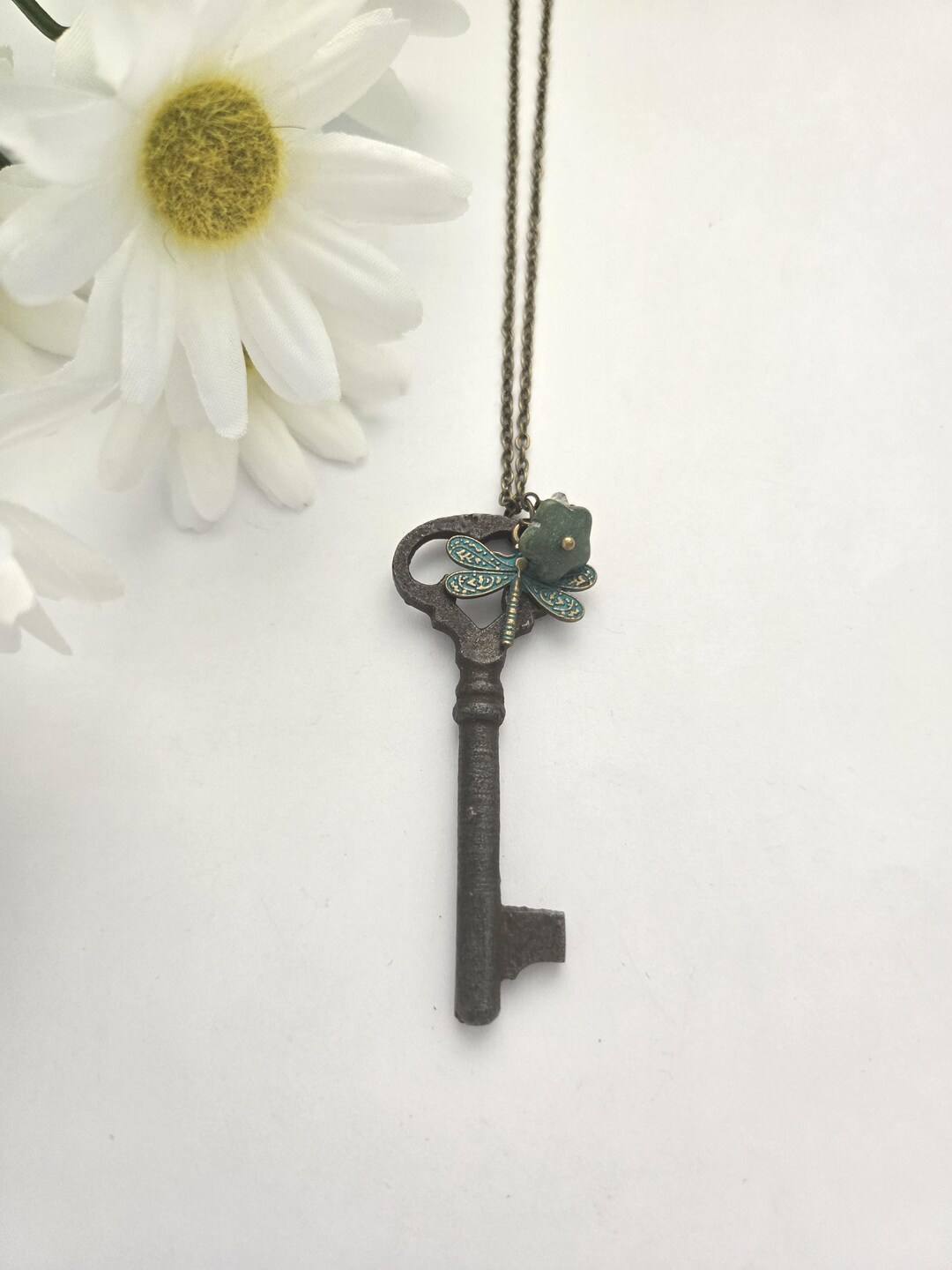 Dragonfly Necklace, Skeleton Key Charm, Turquoise and Gold Necklace ...