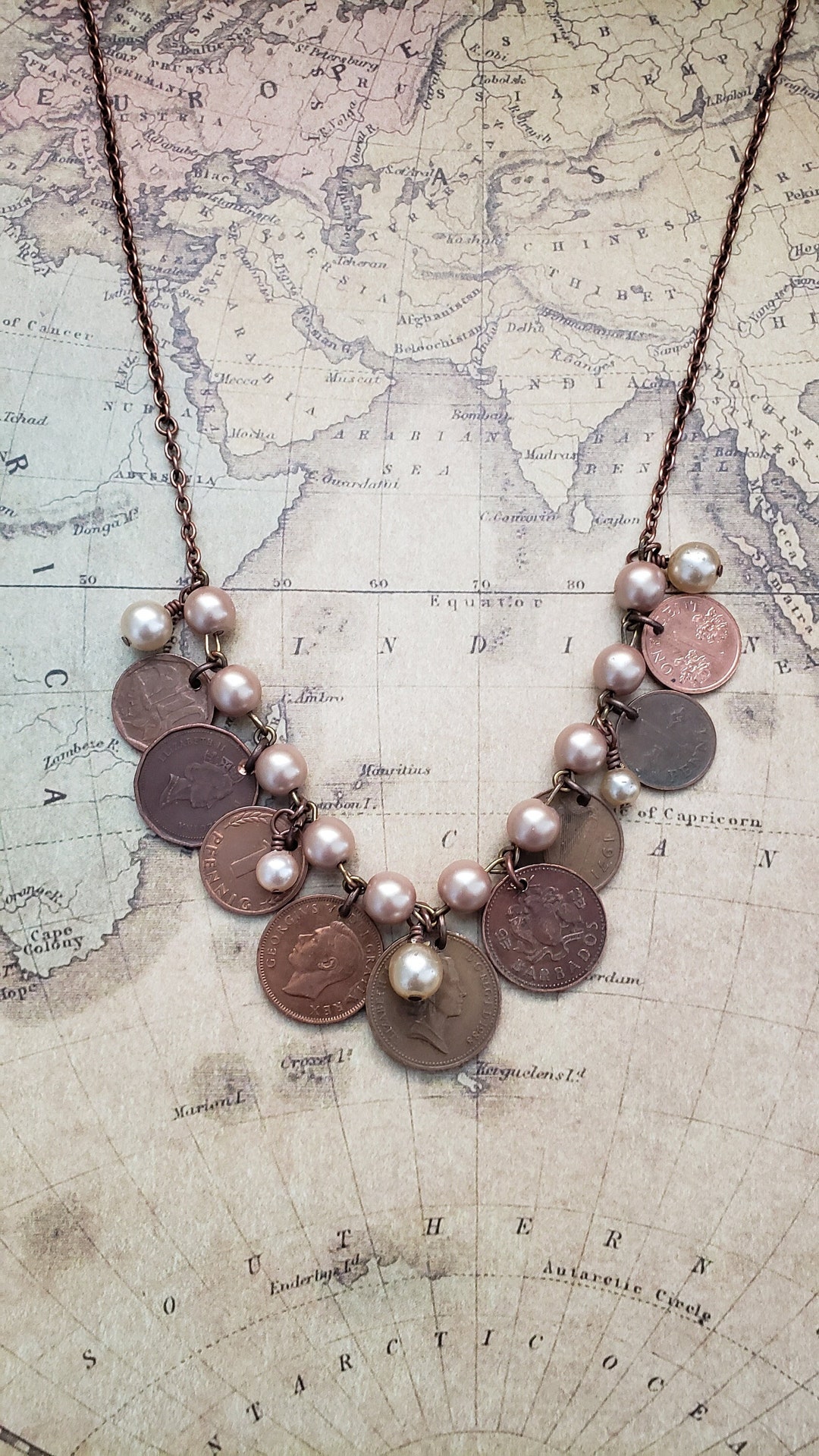 Copper Coin Necklace, Copper Coin Jewelry, Coin and Pearl Necklace ...