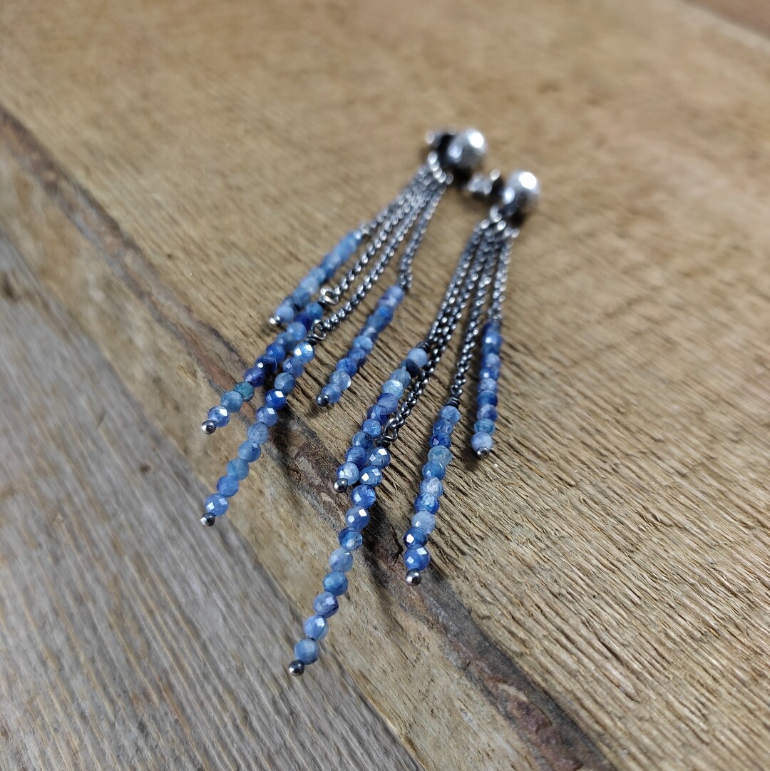 Oxidized Sterling Silver Kyanite Dangle Earrings - Handmade Beaded ...