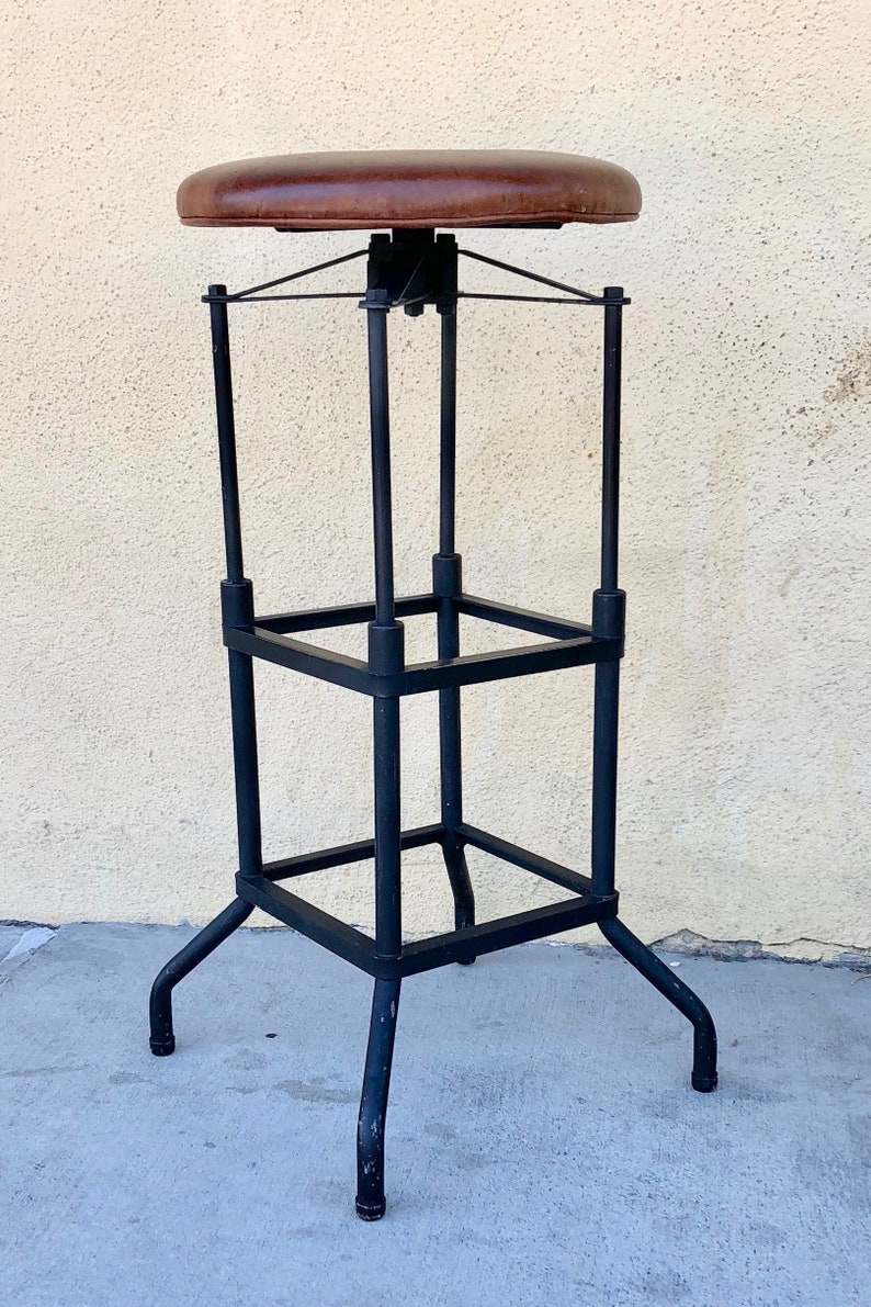 Industrial Iron Bar Stool With Leather Seat 32 H | Etsy