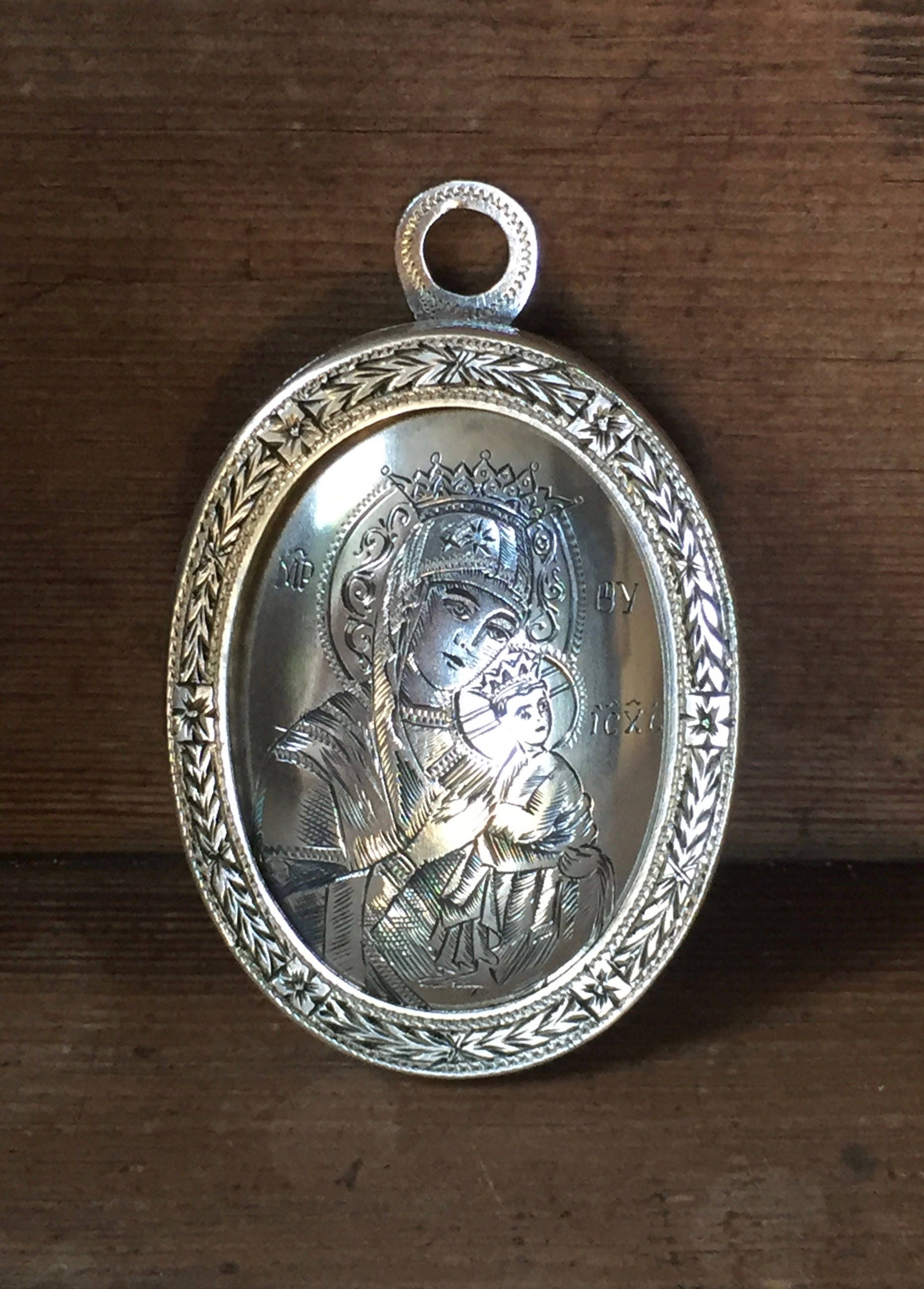 Vintage Silver Engraved Religious Orthodox Icon Pendant Virgin | Etsy