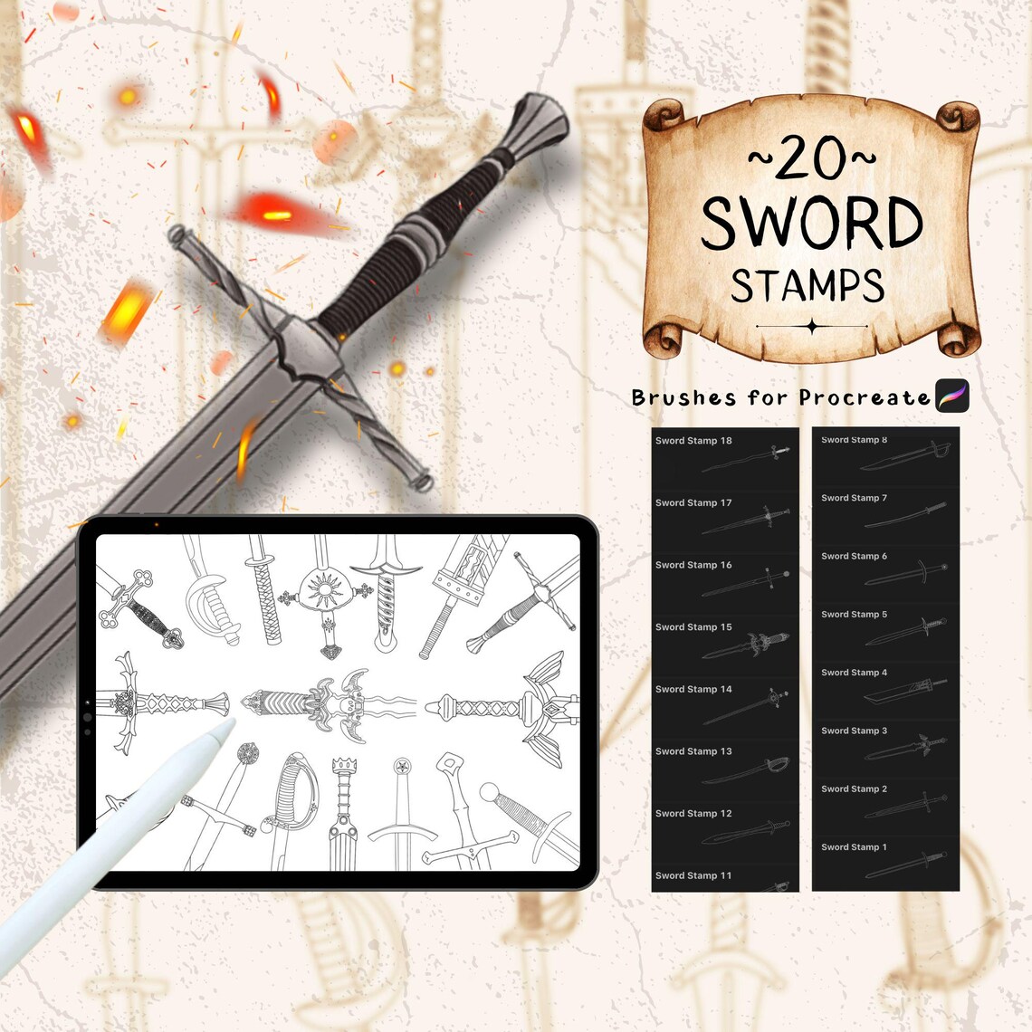 20 Sword Stamps | Procreate Stamps | Medieval Brushes | Fantasy ...