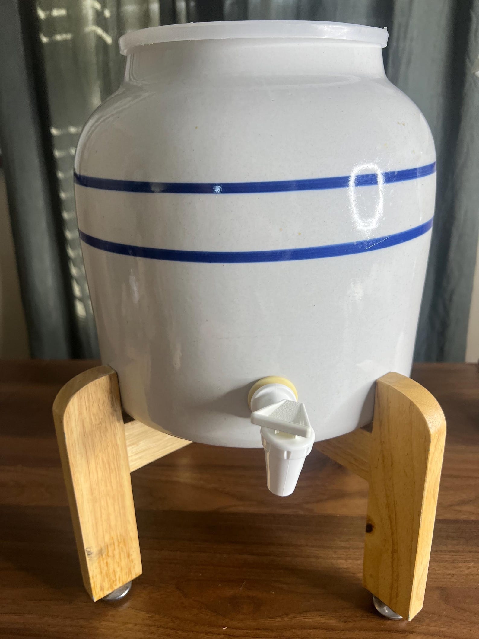 Farmhouse Ceramic Beverage Dispenser With Wood Stand | Blue Stripe ...