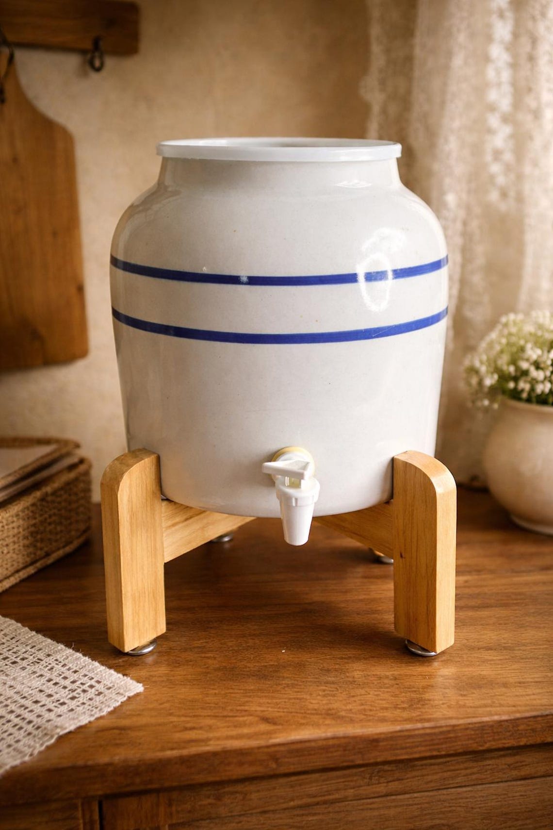 Farmhouse Ceramic Beverage Dispenser With Wood Stand | Blue Stripe ...
