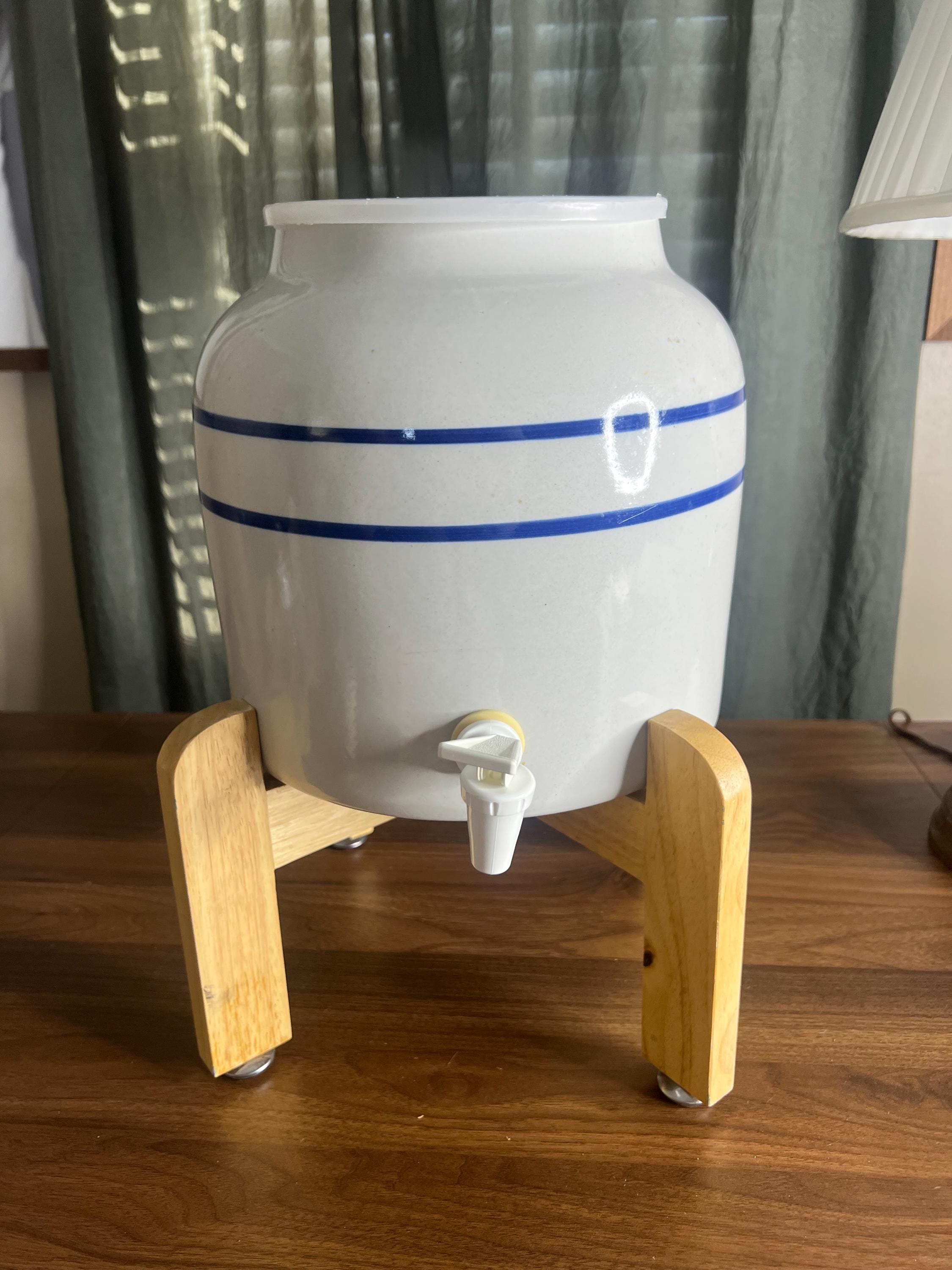 Farmhouse Ceramic Beverage Dispenser With Wood Stand | Blue Stripe ...