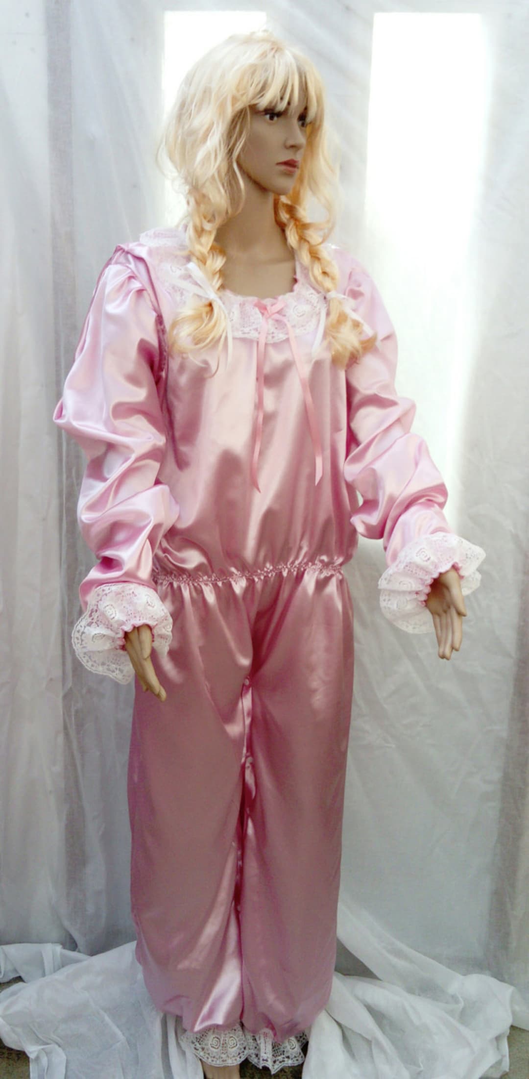 Sissy Adult Baby Full Length Pink Satin Lace Romper Pyjamas Skirt Fancy ...