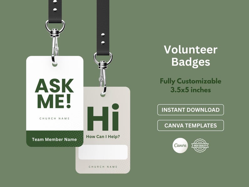Lanyard ID Badge Template Editable Volunteer and Church Name Tag Design ...