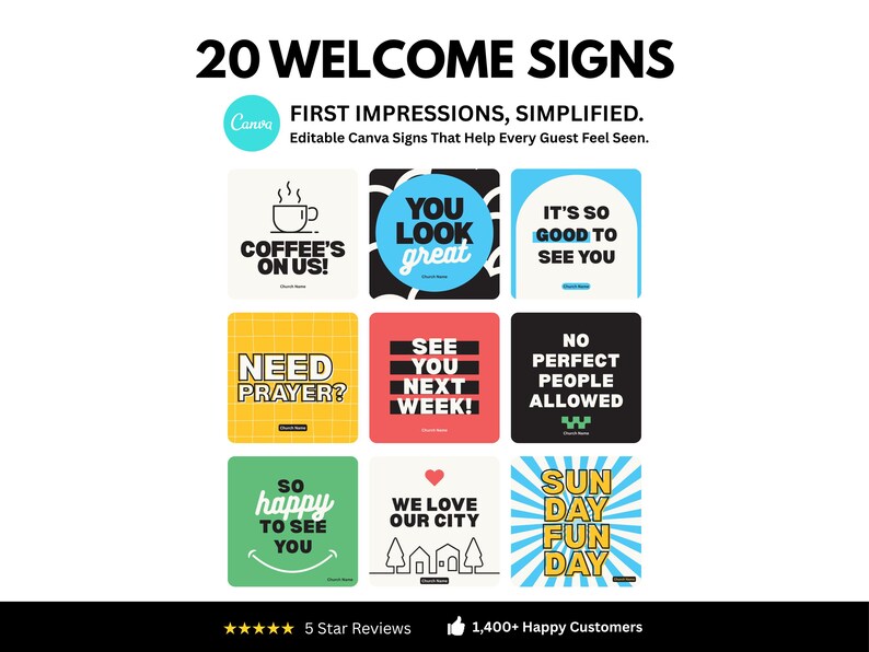 Church Welcome Sign Bundle Canva Templates | 20 Handheld Greeter Signs ...