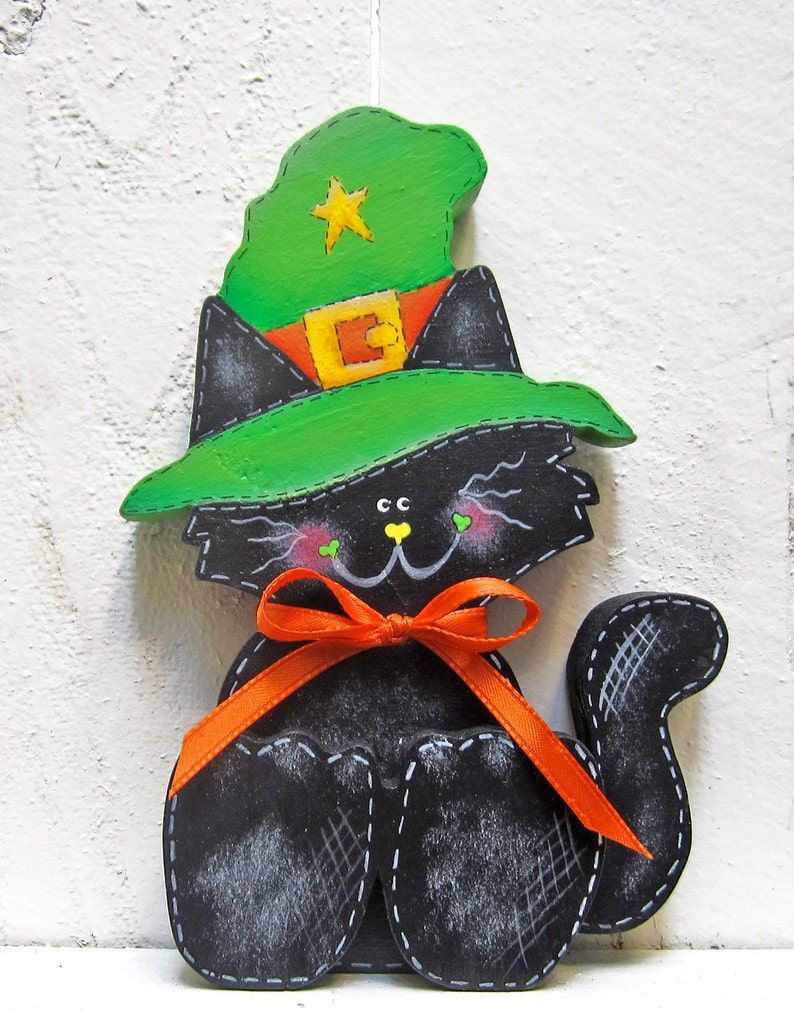 Medium Size Halloween Black Cat Witch Hat Mantle Decor Table Decor ...