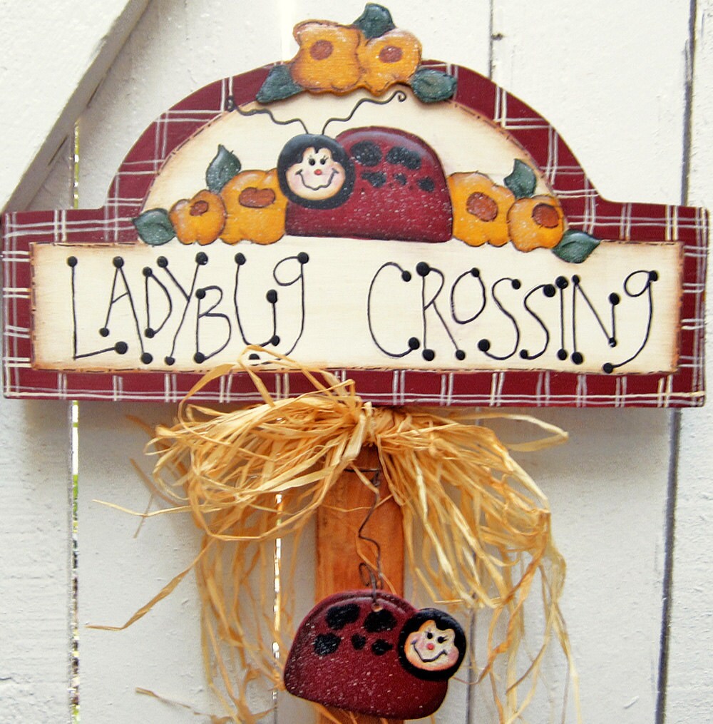 Ladybug Garden Sign Yard Art Garden Art Yard Stake Yard Stick Painted ...