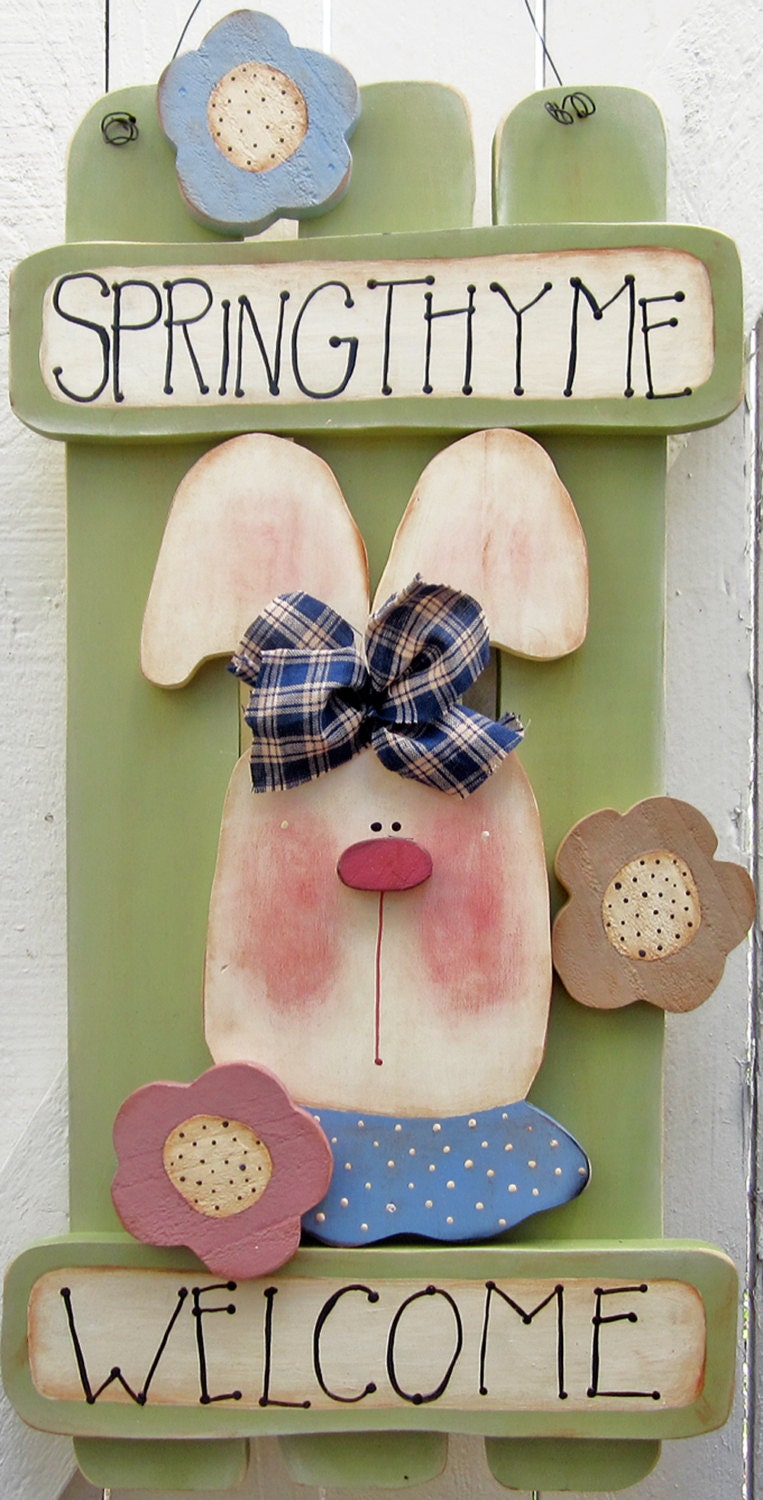 Bunny Welcome Door Sign Door Hanger Wall Hanger Picket Fence Spring ...