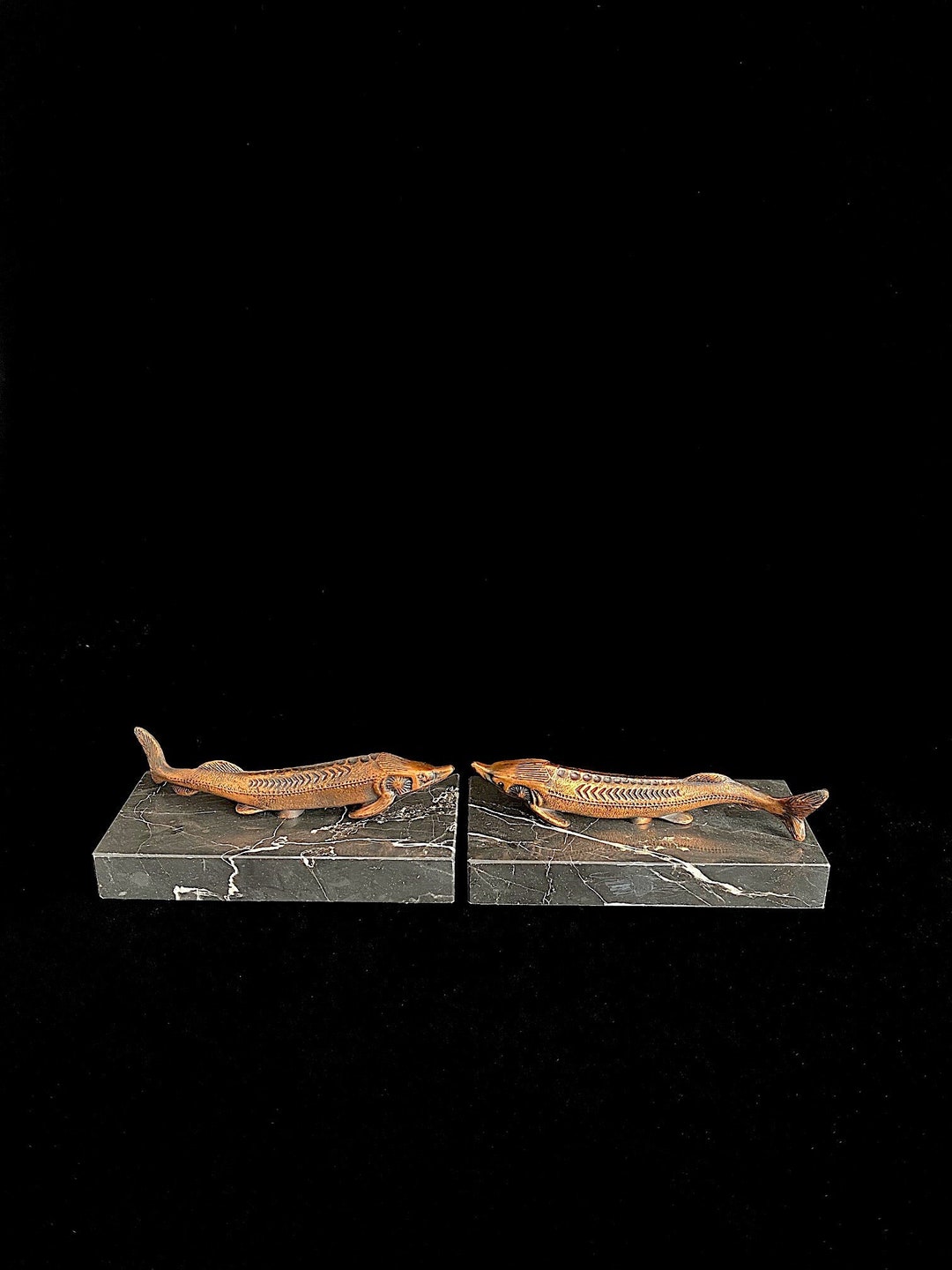 Vintage PAIR of Copper Metal FISH Sculptures Mounted on Black Marble ...