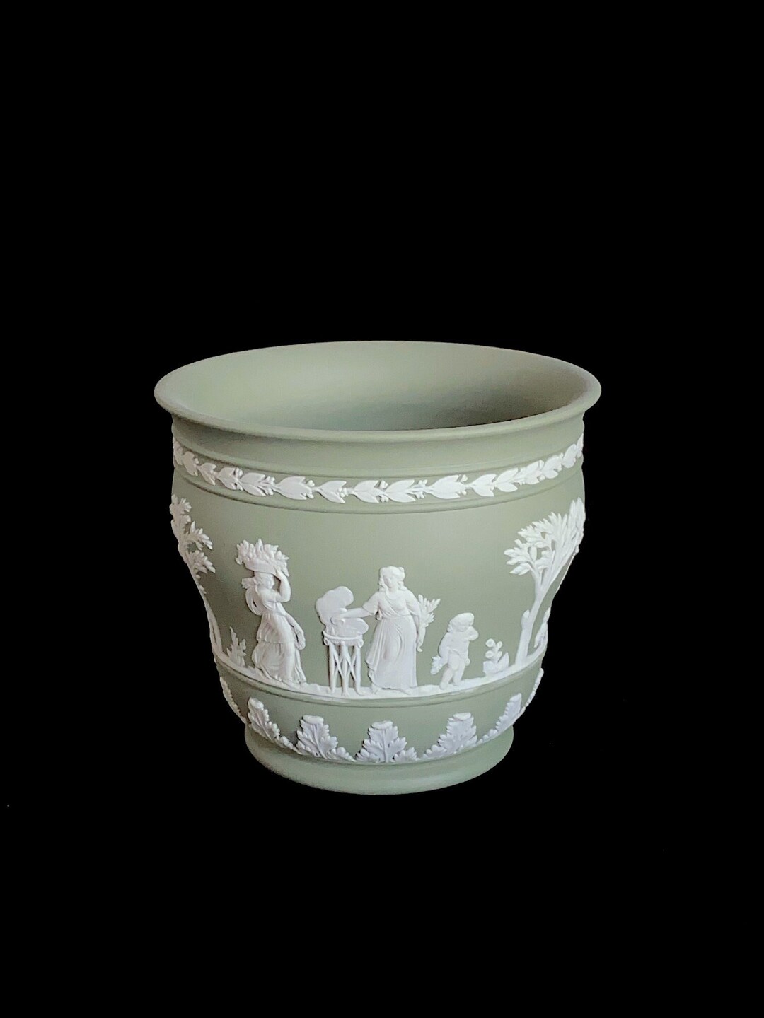 Vintage Wedgwood 1957 Green & White Jasperware Flower Pot Planter ...