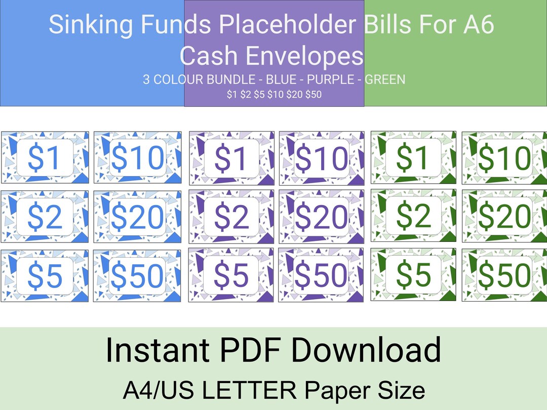 3 COLOUR BUNDLE Printable Sinking Funds Placeholder Bills for A6 Cash ...