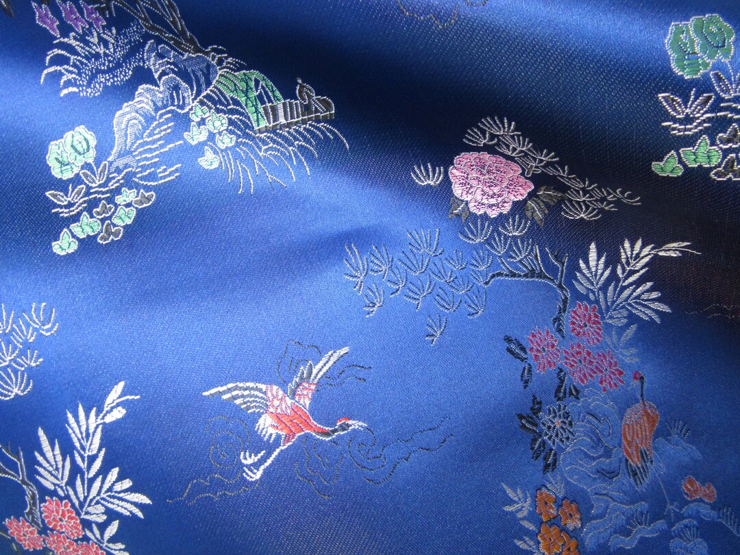 Blue Shiny Fabric With Chinese Design of Birds and Trees Jacquard - Etsy