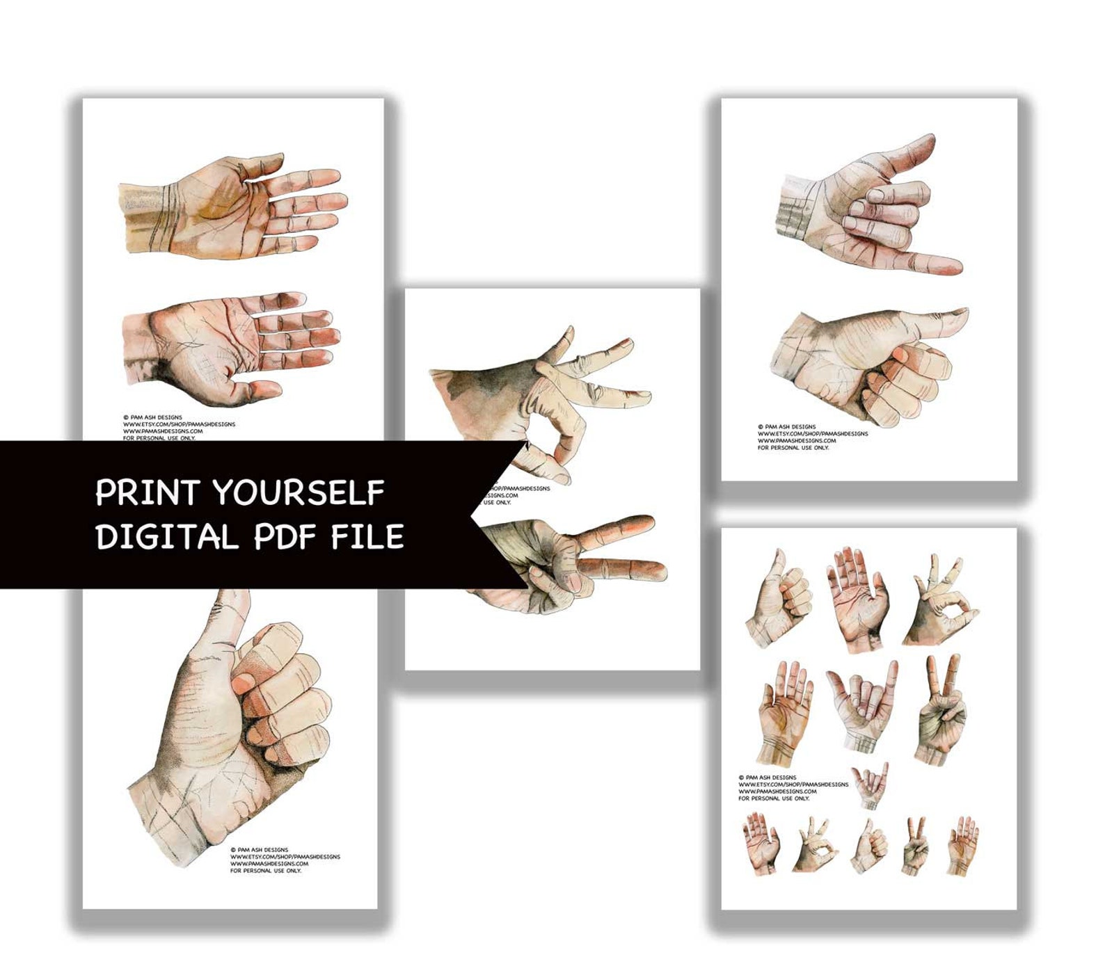 Hand Printable Card Kit | Printable Hand Watercolor Clipart for Art ...