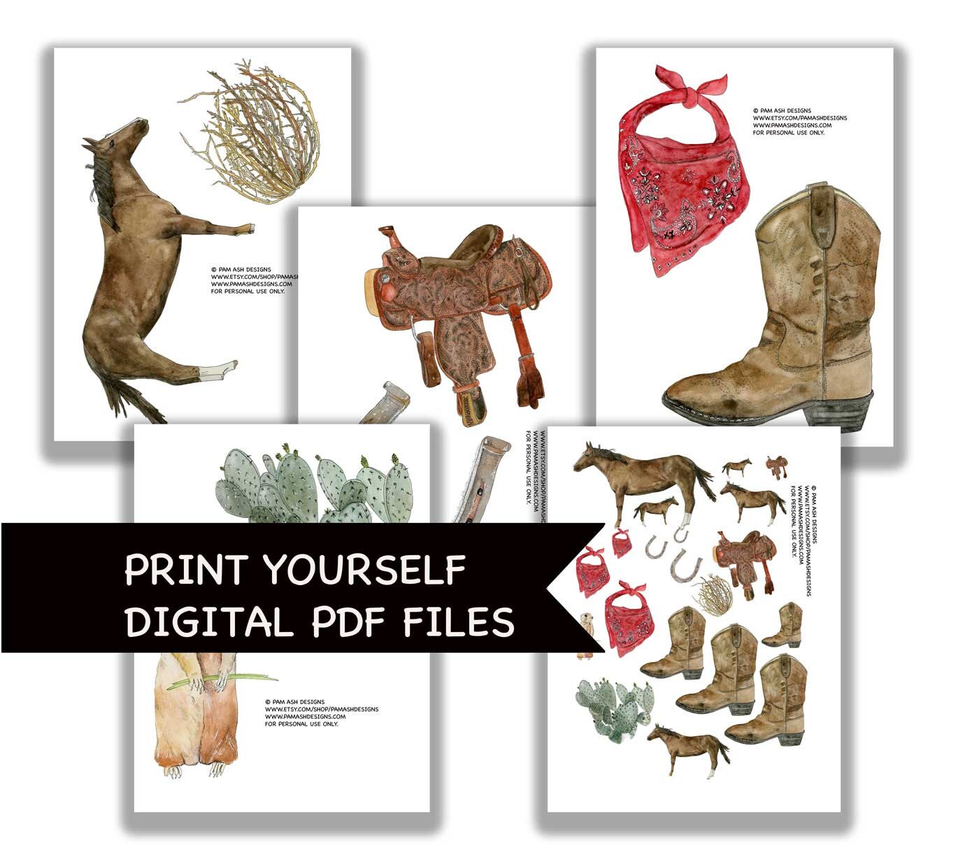 Western Printable Card Kit Printable Western Themed Watercolor Clipart ...