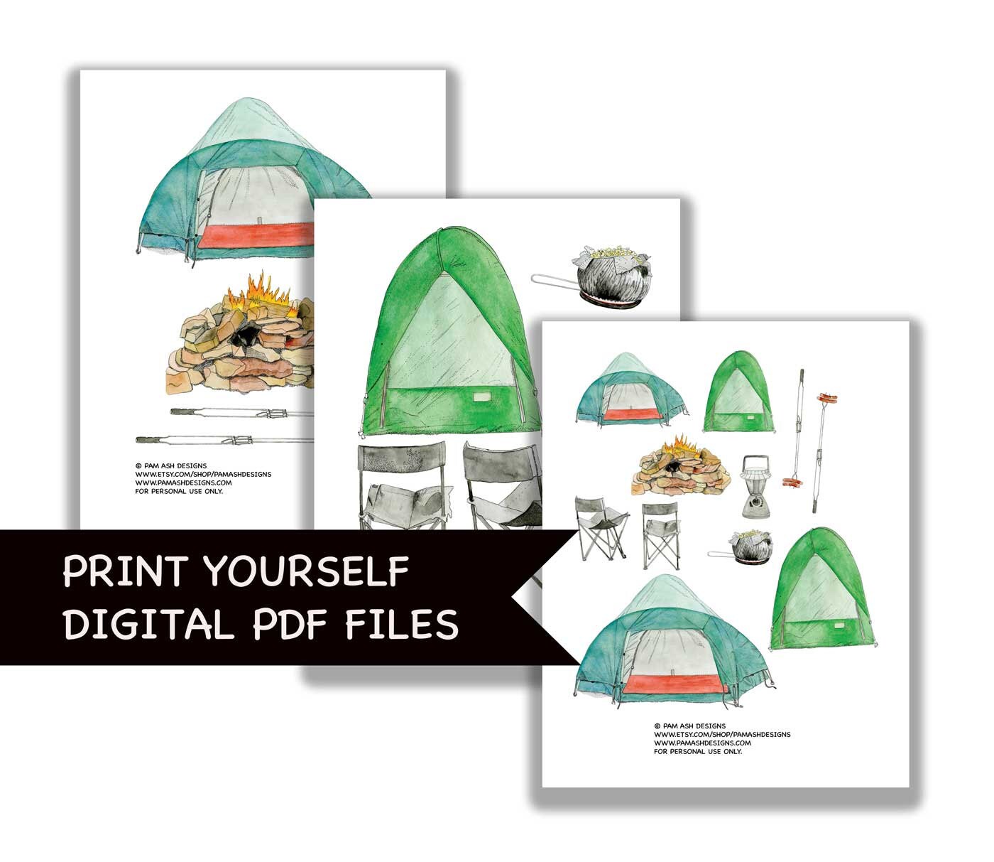 Camping Printable Card Kit Printable Camping Watercolor Clipart for Art ...