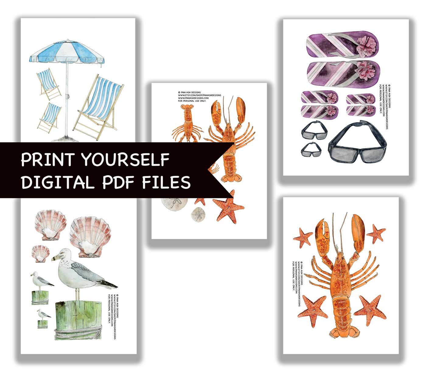 Beach Printable Card Kit | Printable Beach Watercolor Clipart for Art ...