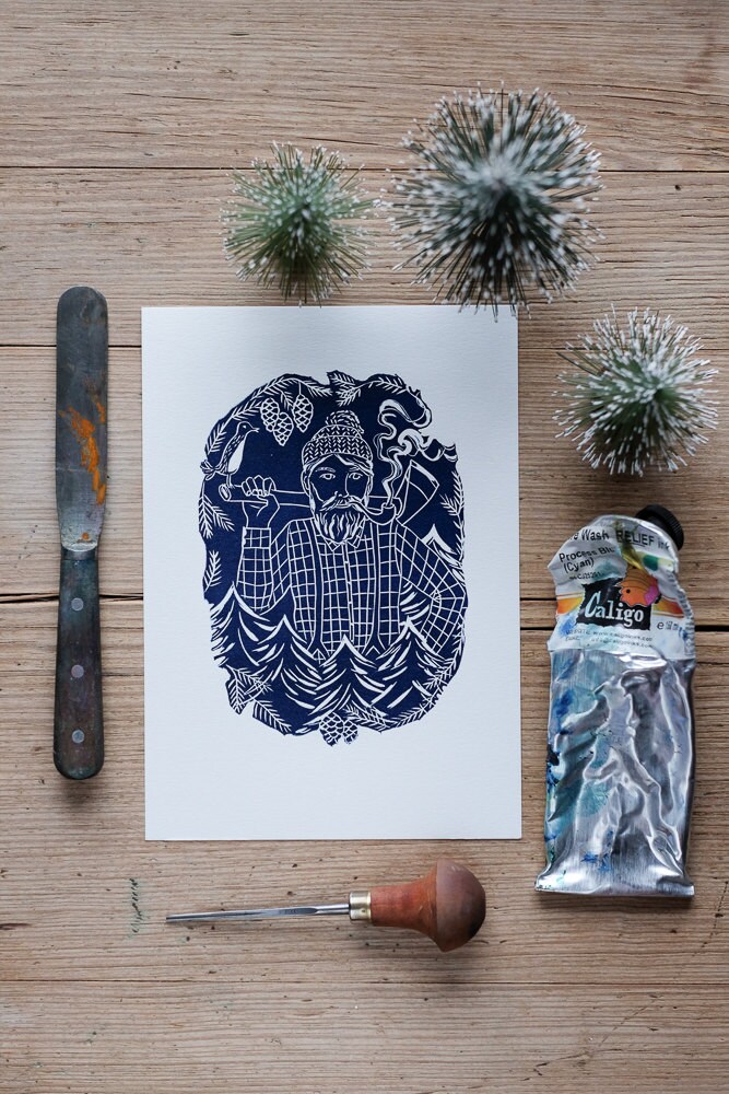 The Woodcutter Linocut Print - Etsy
