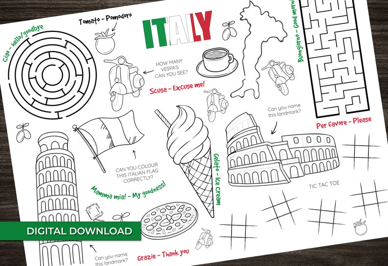 ITALY Travel Activity Sheet - Instant Download Digital Art - Printable ...
