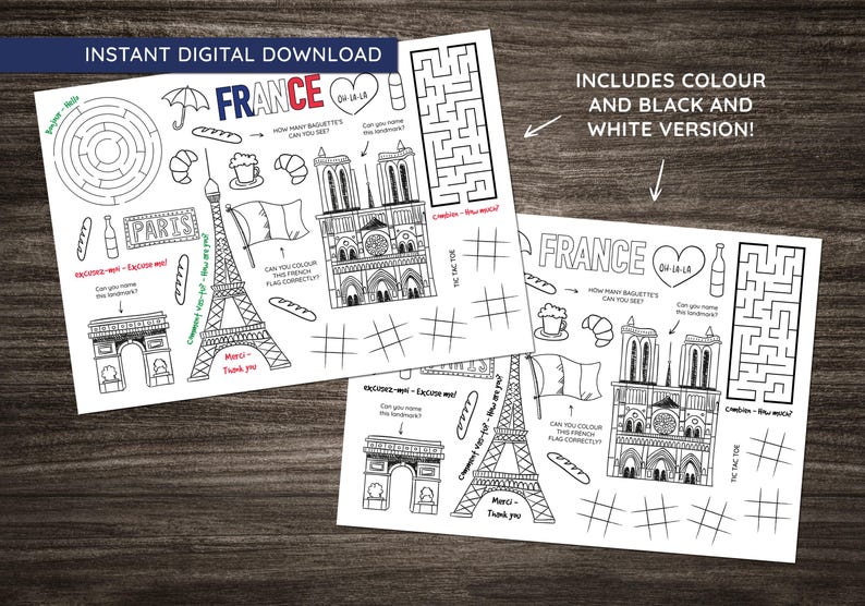 France Activity Sheet: Coloring Page, Maze, and More! (digital Download ...