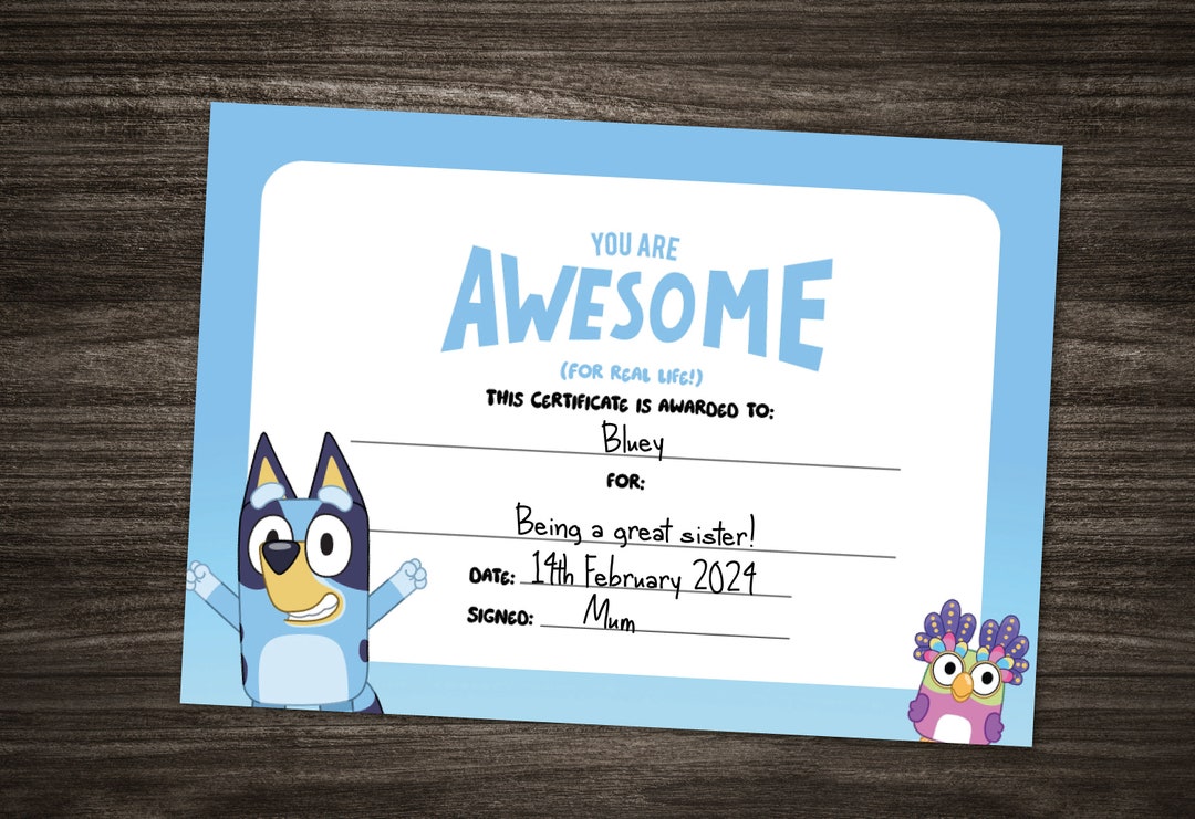 Bluey Certificate for Any Occasion Birthday, School, Home, Work Instant ...