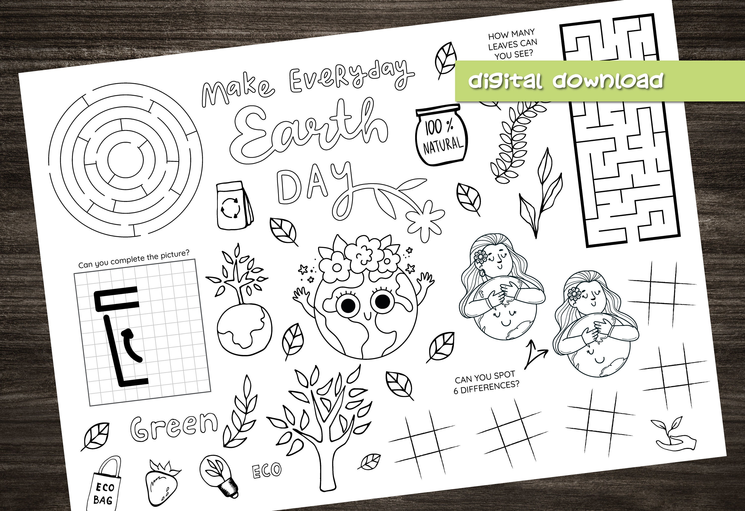 Eco Earth Day Activity Sheet Colouring - Instant Download Digital Art ...