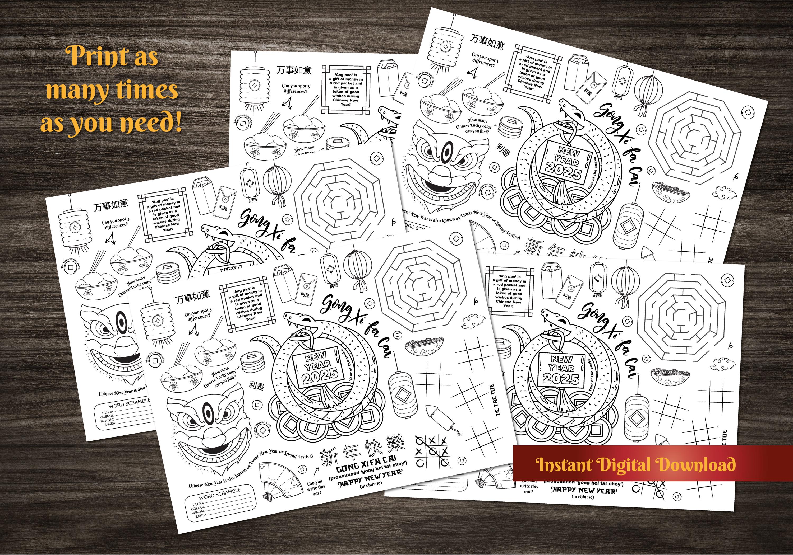 Chinese New Year Activity Sheet: Maze, Dot-to-dot, Coloring (digital ...