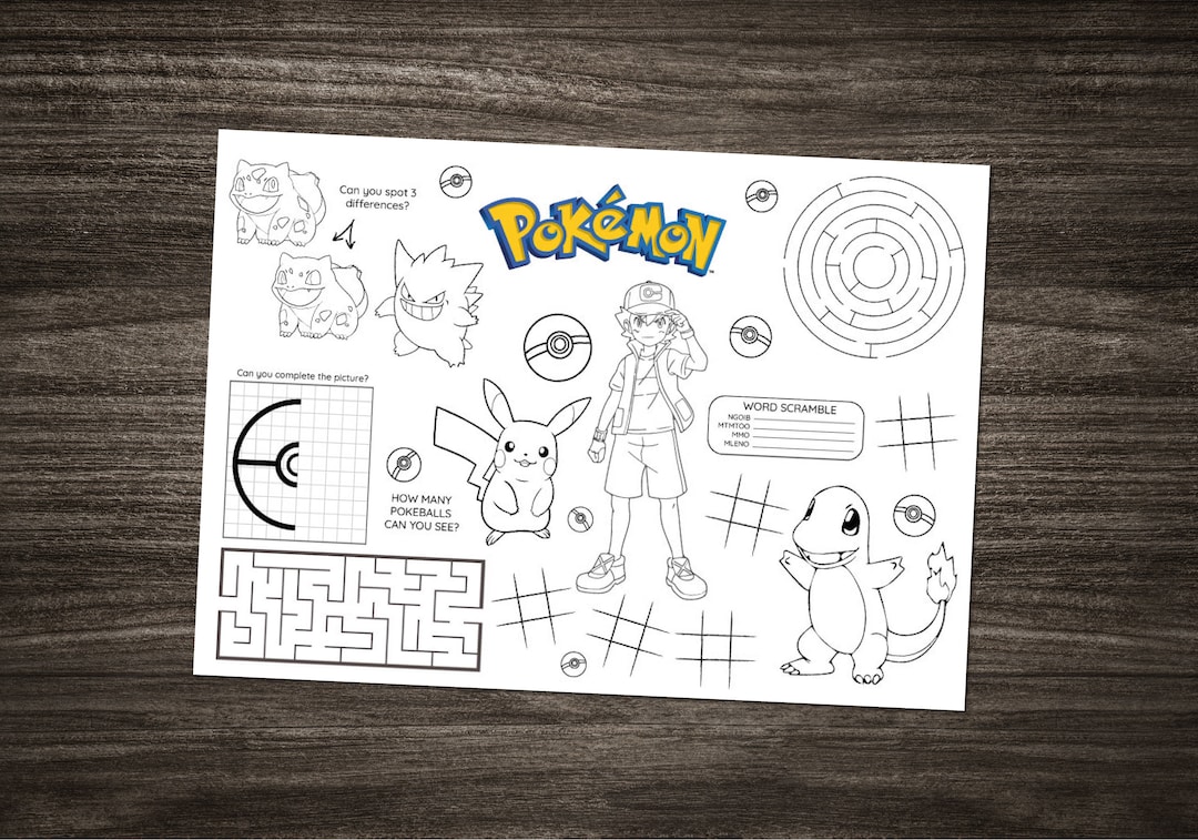 Pokemon Activity Sheet Placemat Instant Download Digital Art Printable ...