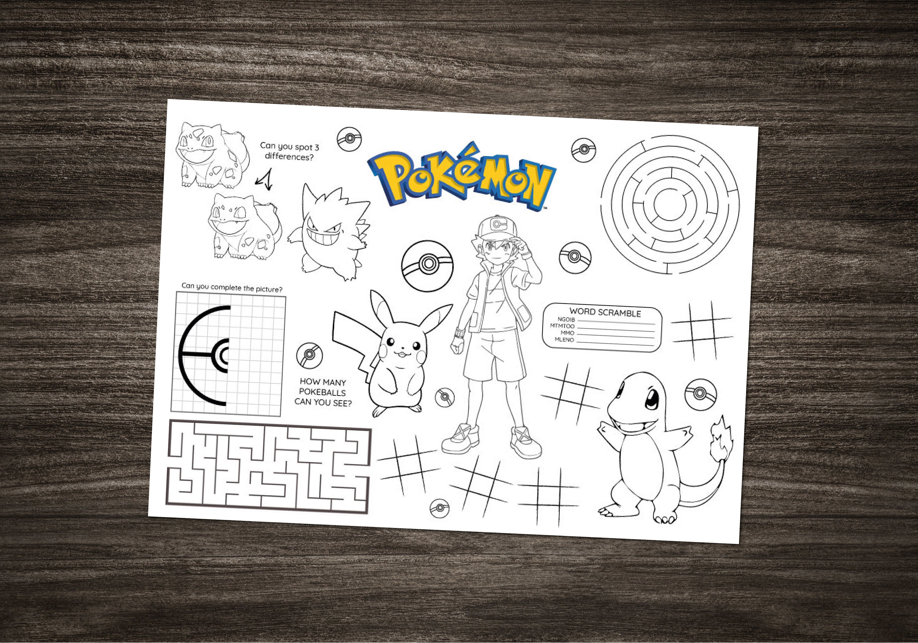 Pokemon Activity Sheet Placemat Instant Download Digital Art Printable ...