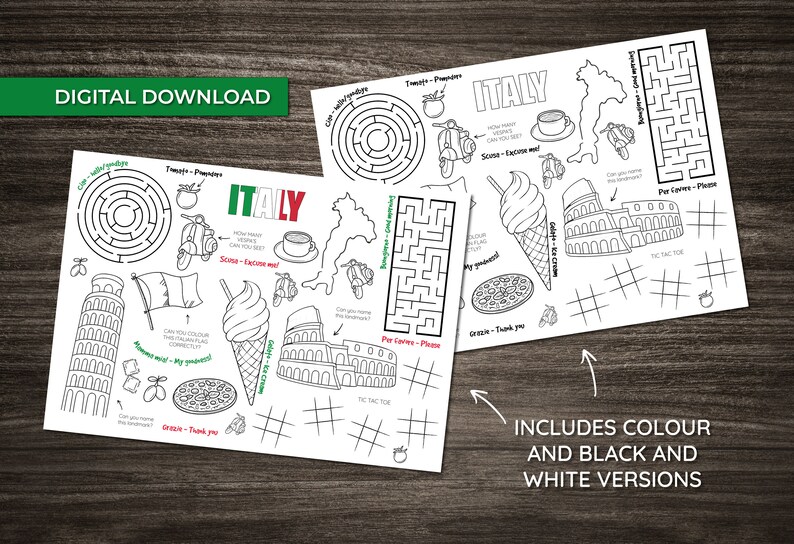 ITALY Travel Activity Sheet - Instant Download Digital Art - Printable ...