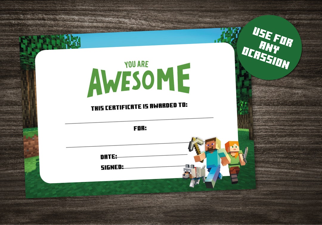Minecraft Certificate for Any Occasion Birthday, School, Home, Work ...