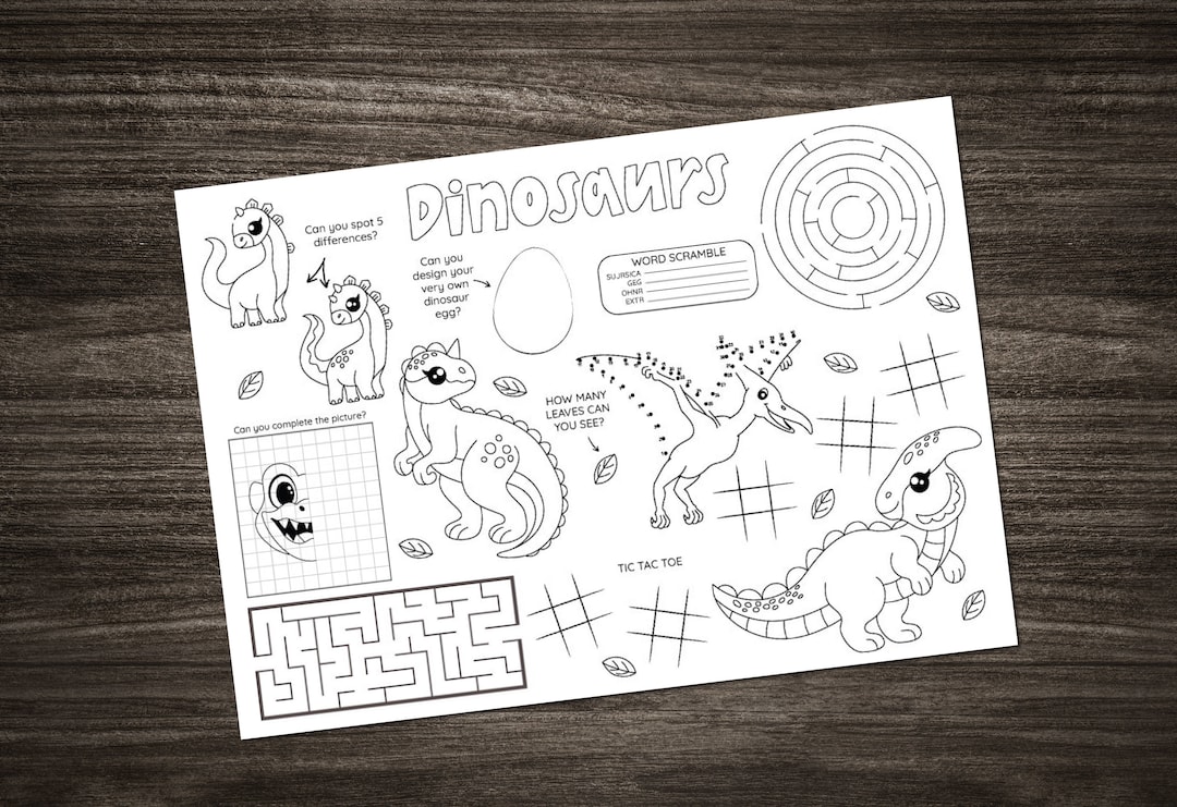 Dinosaur Activity Sheet Placemat - Instant Download Digital Art - Printable - Puzzle, Maze ...