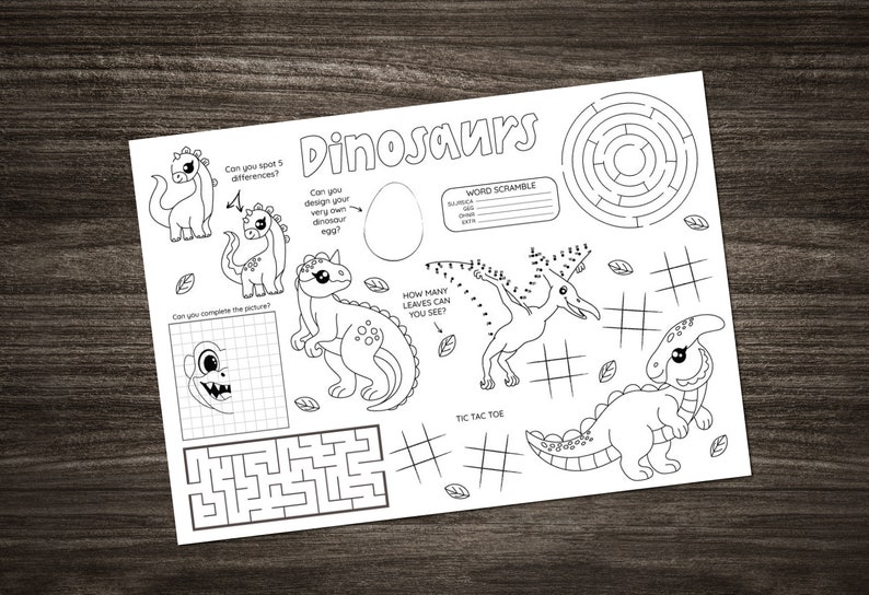 Dinosaur Activity Sheet Placemat - Instant Download Digital Art ...