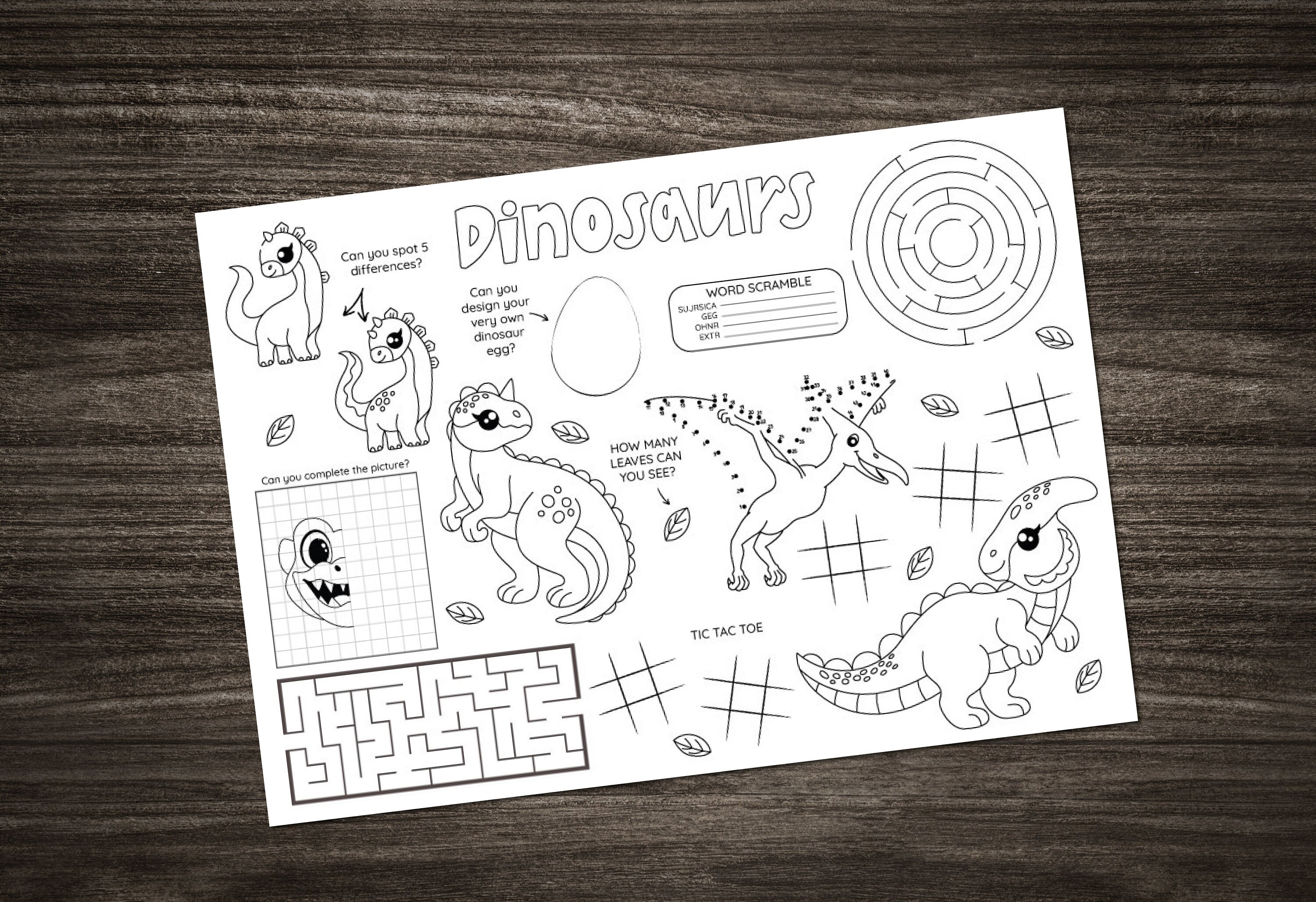Dinosaur Activity Sheet Placemat Instant Download Digital Art Printable ...