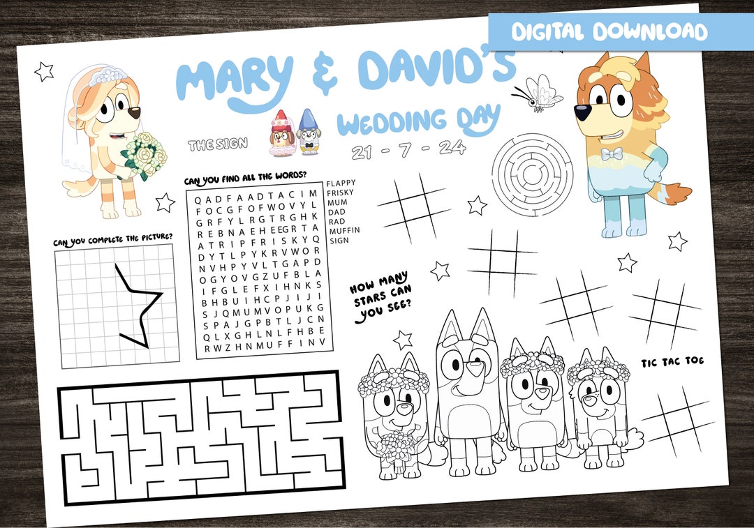 Personalised Bluey Wedding Kids Activity Sheet Colouring Page Instant ...