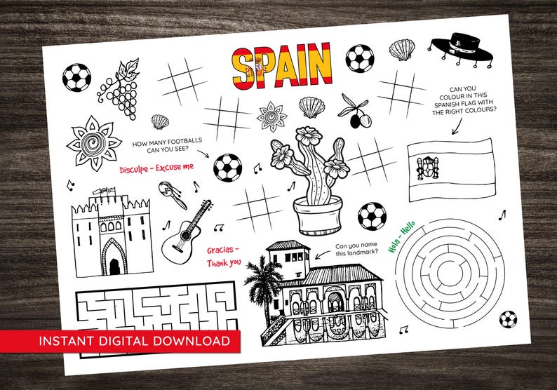 SPAIN Travel Activity Sheet - Instant Download Digital Art - Printable ...