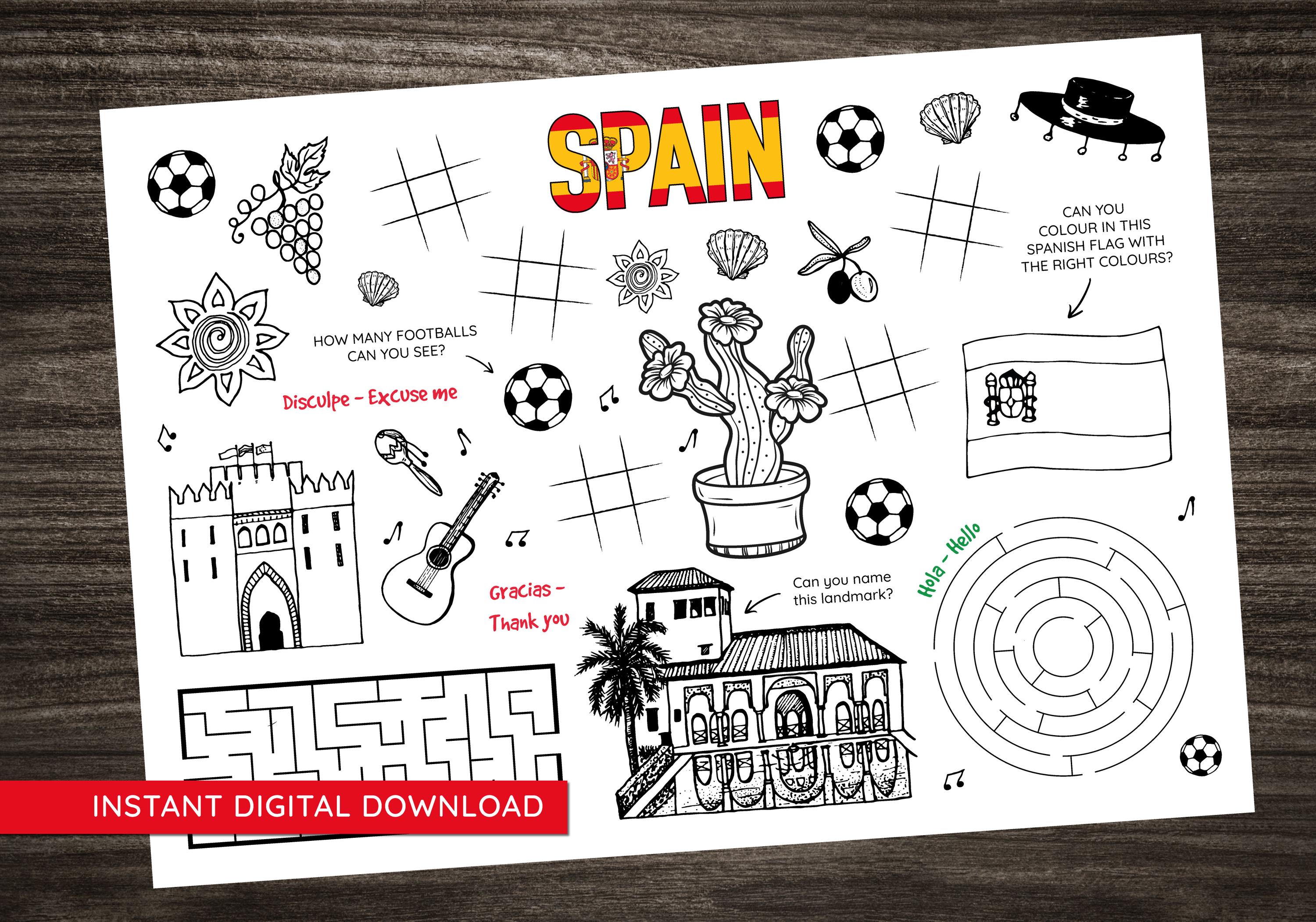 SPAIN Travel Activity Sheet - Instant Download Digital Art - Printable ...