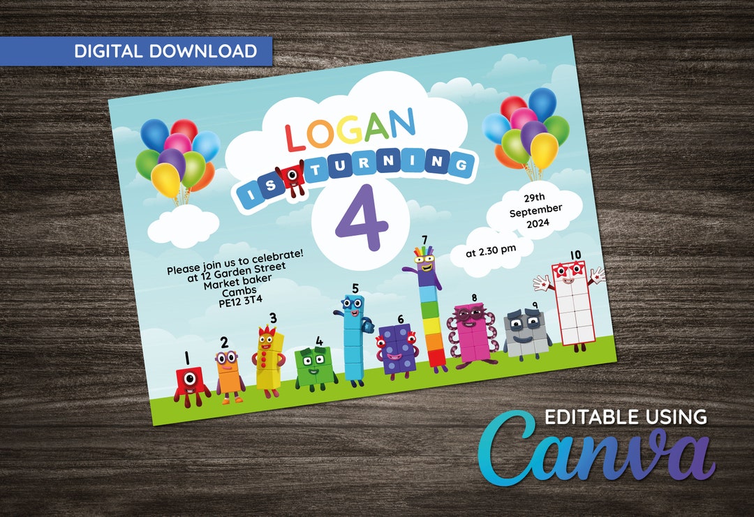 Numberblocks Birthday Party Invitation Editable Using Canva Digital ...