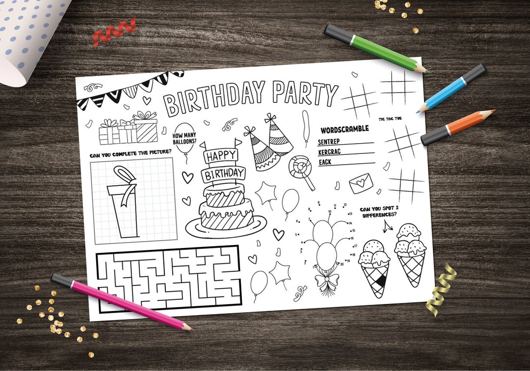 Birthday Activity Sheet Placemat - Instant Digital Download - Writing ...