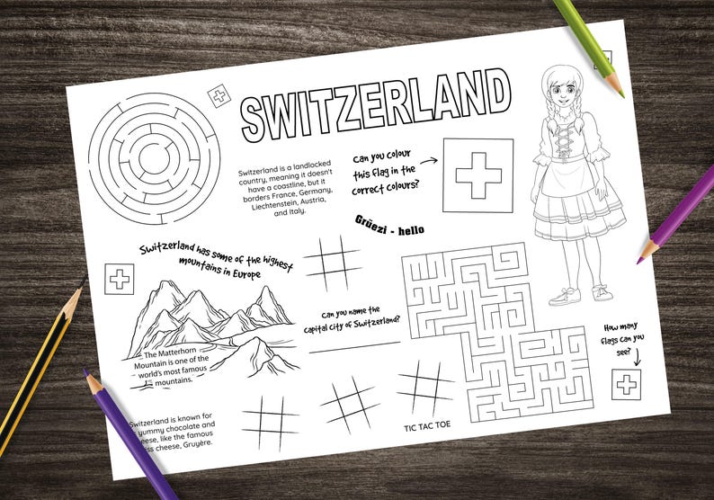 Switzerland Activity Sheet: Printable Coloring Page, Maze, and More ...