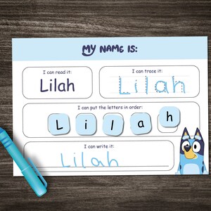 Bluey Name Learning Activity Sheet Instant Digital Download Read, Trace ...